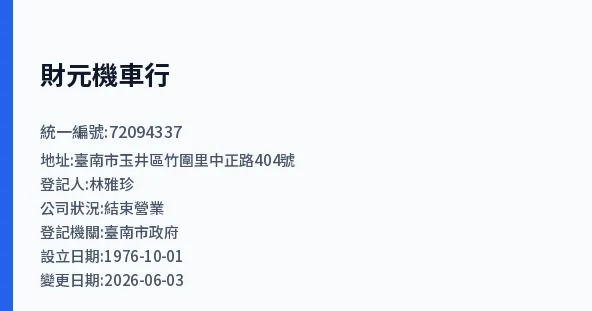 財元機車行的照片-統編 72094337(臺南市) 公司登記資料與營業項目詳細圖表