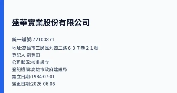 盛華實業股份有限公司的照片-統編 72100871(高雄市) 公司登記資料與營業項目詳細圖表