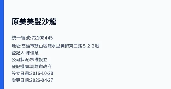 原美美髮沙龍的照片-統編 72108445(高雄市) 公司登記資料與營業項目詳細圖表