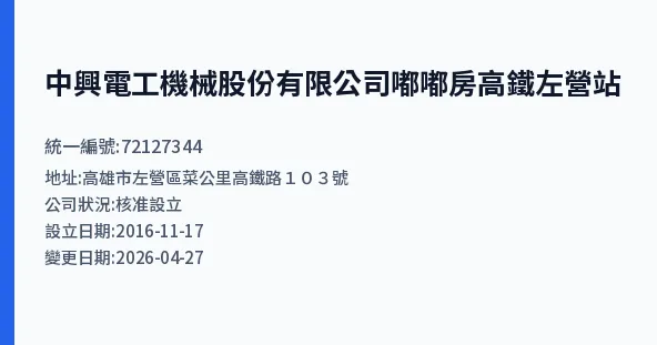 中興電工機械股份有限公司嘟嘟房高鐵左營站的照片-統編 72127344(高雄市) 公司登記資料與營業項目詳細圖表