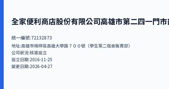 全家便利商店股份有限公司高雄市第二四一門市部的照片-統編 72132873(高雄市) 公司登記資料與營業項目詳細圖表