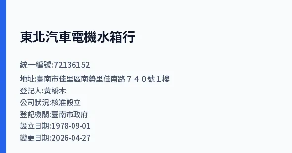 東北汽車電機水箱行的照片-統編 72136152(臺南市) 公司登記資料與營業項目詳細圖表