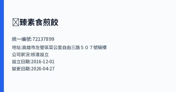 𡷎臻素食煎餃的照片-統編 72137899(高雄市) 公司登記資料與營業項目詳細圖表