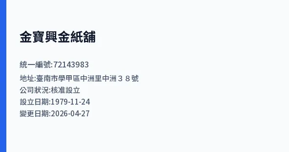 金寶興金紙舖的照片-統編 72143983(臺南市) 公司登記資料與營業項目詳細圖表