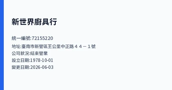 新世界廚具行的照片-統編 72155220(臺南市) 公司登記資料與營業項目詳細圖表