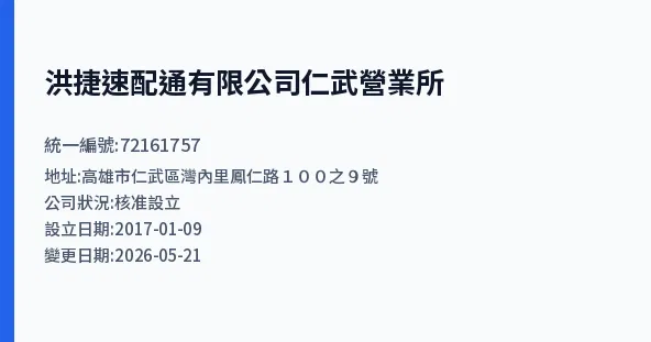 洪捷速配通有限公司仁武營業所的照片-統編 72161757(高雄市) 公司登記資料與營業項目詳細圖表