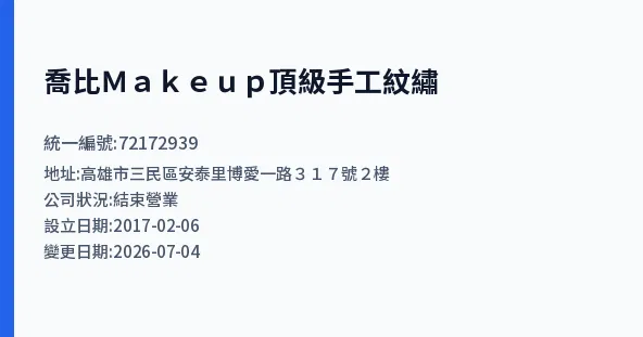 喬比Makeup頂級手工紋繡的照片-統編 72172939(高雄市) 公司登記資料與營業項目詳細圖表
