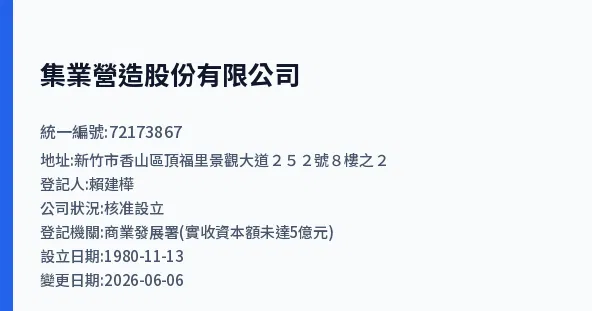 集業營造股份有限公司的照片-統編 72173867(新竹市) 公司登記資料與營業項目詳細圖表