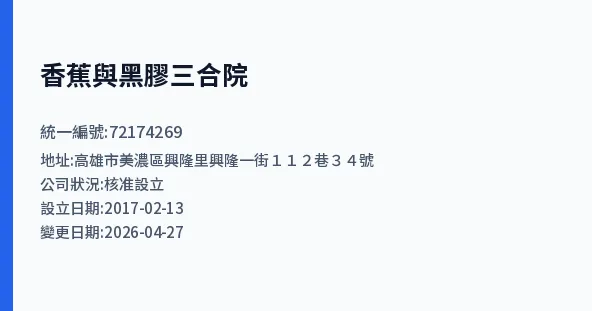 香蕉與黑膠三合院的照片-統編 72174269(高雄市) 公司登記資料與營業項目詳細圖表