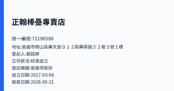 正翰棒壘專賣店的照片-統編 72190388(高雄市) 公司登記資料與營業項目詳細圖表