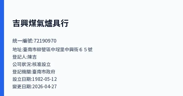 吉興煤氣爐具行的照片-統編 72190970(臺南市) 公司登記資料與營業項目詳細圖表