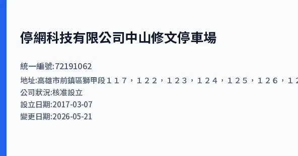 停網科技有限公司中山修文停車場的照片-統編 72191062(高雄市) 公司登記資料與營業項目詳細圖表