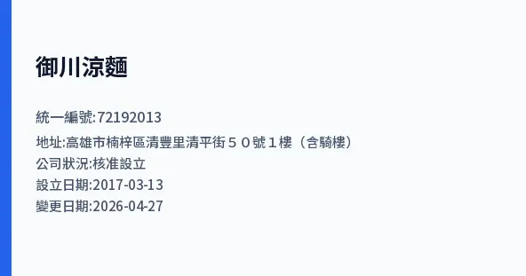 御川涼麵的照片-統編 72192013(高雄市) 公司登記資料與營業項目詳細圖表