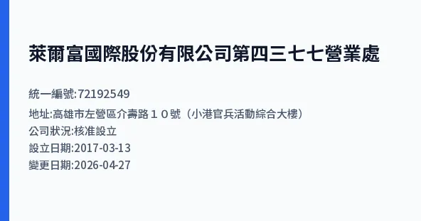 萊爾富國際股份有限公司第四三七七營業處的照片-統編 72192549(高雄市) 公司登記資料與營業項目詳細圖表