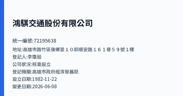 鴻騏交通股份有限公司的照片-統編 72195638(高雄市) 公司登記資料與營業項目詳細圖表