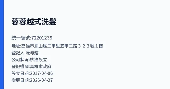 蓉蓉越式洗髮的照片-統編 72201239(高雄市) 公司登記資料與營業項目詳細圖表