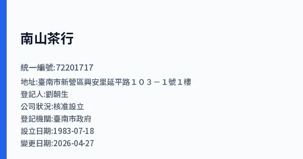 南山茶行的照片-統編 72201717(臺南市) 公司登記資料與營業項目詳細圖表
