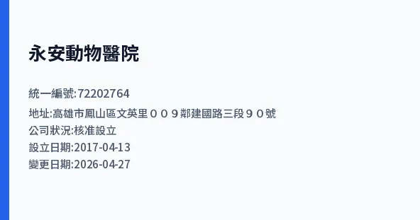 永安動物醫院的照片-統編 72202764(高雄市) 公司登記資料與營業項目詳細圖表