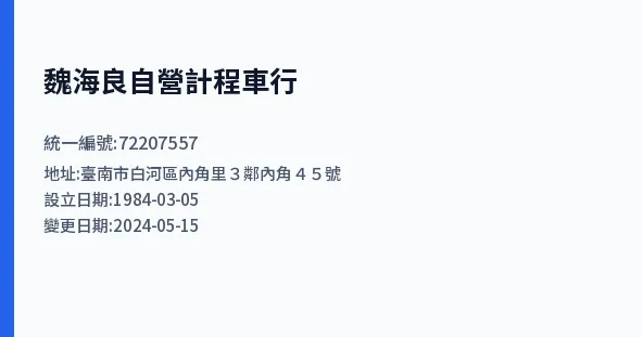 魏海良自營計程車行的照片-統編 72207557(臺南市) 公司登記資料與營業項目詳細圖表