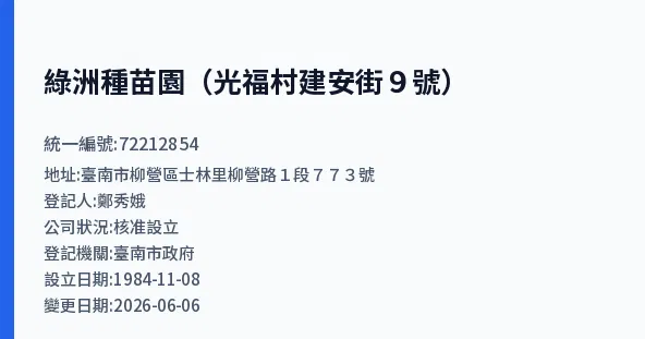 綠洲種苗園(光福村建安街9號)的照片-統編 72212854(臺南市) 公司登記資料與營業項目詳細圖表