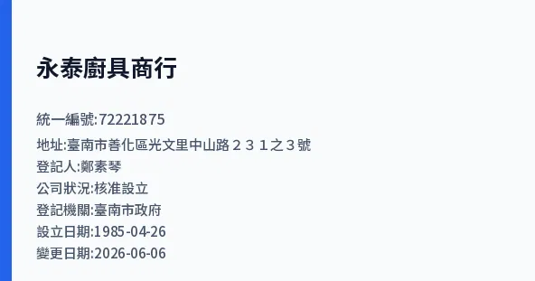 永泰廚具商行的照片-統編 72221875(臺南市) 公司登記資料與營業項目詳細圖表