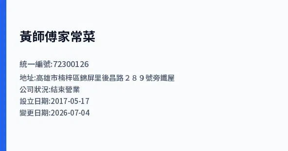 黃師傅家常菜的照片-統編 72300126(高雄市) 公司登記資料與營業項目詳細圖表