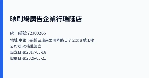 映刷場廣告企業行瑞隆店的照片-統編 72300266(高雄市) 公司登記資料與營業項目詳細圖表