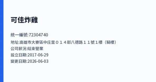可佳炸雞的照片-統編 72304740(高雄市) 公司登記資料與營業項目詳細圖表