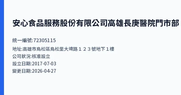 安心食品服務股份有限公司高雄長庚醫院門市部的照片-統編 72305115(高雄市) 公司登記資料與營業項目詳細圖表