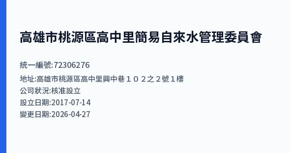 高雄市桃源區高中里簡易自來水管理委員會的照片-統編 72306276(高雄市) 公司登記資料與營業項目詳細圖表