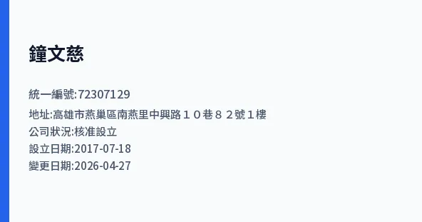 鐘文慈的照片-統編 72307129(高雄市) 公司登記資料與營業項目詳細圖表