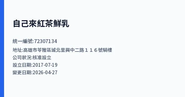 自己來紅茶鮮乳的照片-統編 72307134(高雄市) 公司登記資料與營業項目詳細圖表