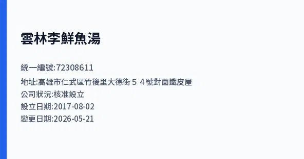 雲林李鮮魚湯的照片-統編 72308611(高雄市) 公司登記資料與營業項目詳細圖表