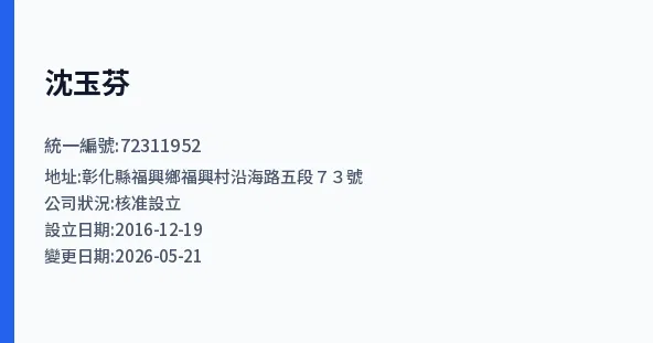 沈玉芬的照片-統編 72311952(彰化縣) 公司登記資料與營業項目詳細圖表