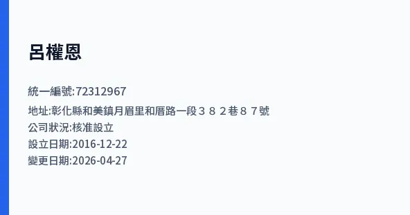 呂權恩的照片-統編 72312967(彰化縣) 公司登記資料與營業項目詳細圖表