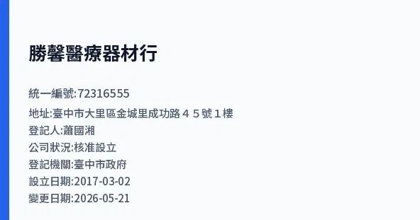 勝馨醫療器材行的照片-統編 72316555(臺中市) 公司登記資料與營業項目詳細圖表