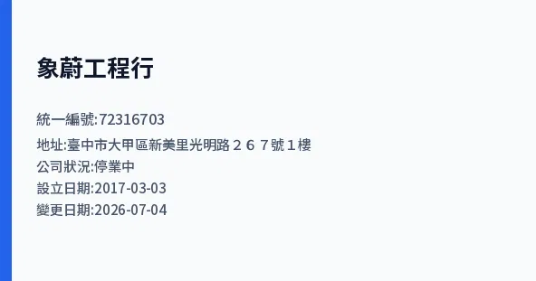 象蔚工程行的照片-統編 72316703(臺中市) 公司登記資料與營業項目詳細圖表