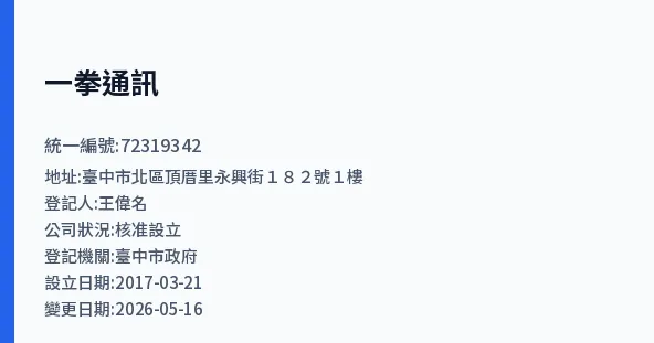 一拳通訊的照片-統編 72319342(臺中市) 公司登記資料與營業項目詳細圖表