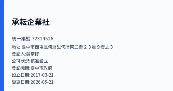 承耘企業社的照片-統編 72319526(臺中市) 公司登記資料與營業項目詳細圖表