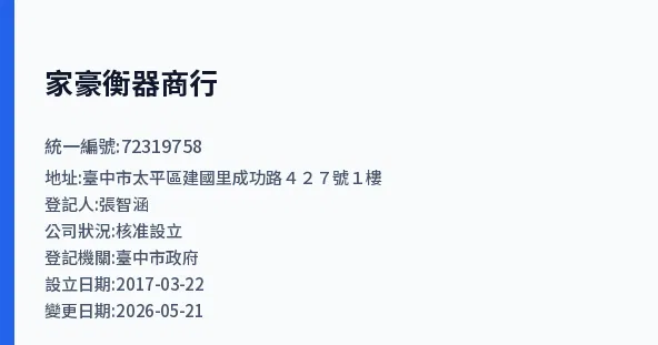 家豪衡器商行的照片-統編 72319758(臺中市) 公司登記資料與營業項目詳細圖表