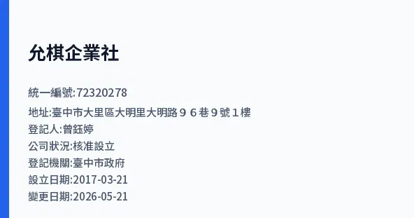 允棋企業社的照片-統編 72320278(臺中市) 公司登記資料與營業項目詳細圖表