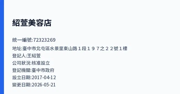 紹萱美容店的照片-統編 72323269(臺中市) 公司登記資料與營業項目詳細圖表