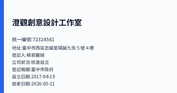 澄觀創意設計工作室的照片-統編 72324561(臺中市) 公司登記資料與營業項目詳細圖表