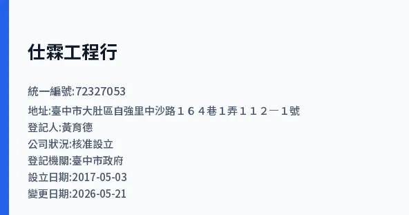 仕霖工程行的照片-統編 72327053(臺中市) 公司登記資料與營業項目詳細圖表