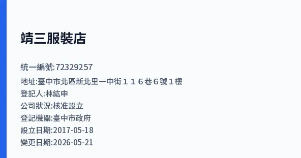 靖三服裝店的照片-統編 72329257(臺中市) 公司登記資料與營業項目詳細圖表