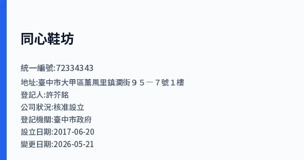 同心鞋坊的照片-統編 72334343(臺中市) 公司登記資料與營業項目詳細圖表