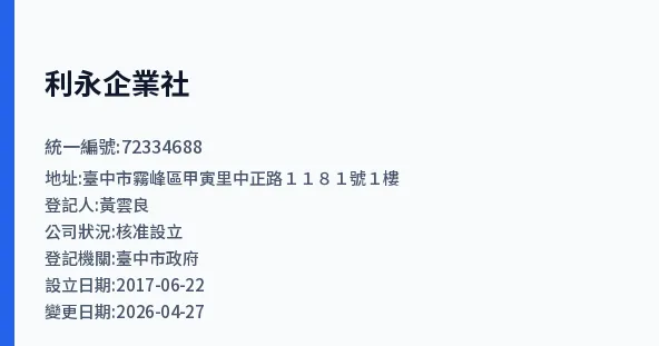 利永企業社的照片-統編 72334688(臺中市) 公司登記資料與營業項目詳細圖表