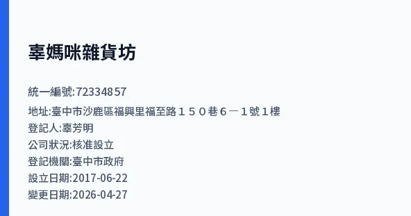 辜媽咪雜貨坊的照片-統編 72334857(臺中市) 公司登記資料與營業項目詳細圖表