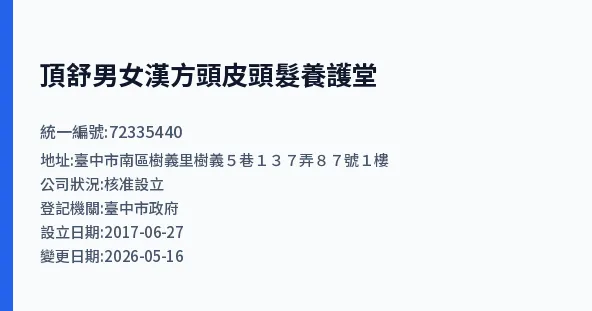 頂舒男女漢方頭皮頭髮養護堂的照片-統編 72335440(臺中市) 公司登記資料與營業項目詳細圖表