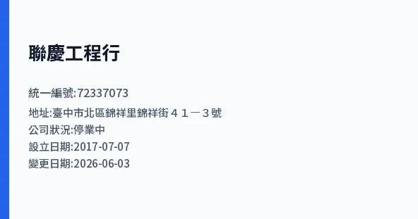 聯慶工程行的照片-統編 72337073(臺中市) 公司登記資料與營業項目詳細圖表